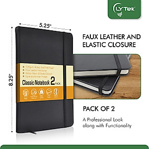 LYTek Faux Leather Lined Journal Notebooks with 120 GSM, Hardcover Executive Notebook, 5.25 x 8.25 inches for Writing - Date Marked, Inner Pocket, Ribbon Mark & Elastic Closure (Black, Pack of 2)