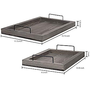 MyGift Rustic Gray Wood Serving Trays with Handles, Rectangular Nesting Coffee Ottoman Decorative Trays, 2 Piece Set