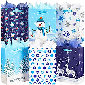 SPERPAND 24 Pack Small Christmas Gift Bags with Tissue Paper, 8.7"x6.3"x3.1", Blue and White Xmas Gift Bags Bulk with Handles for Christmas, Birthday Parties, Gift Wrapping