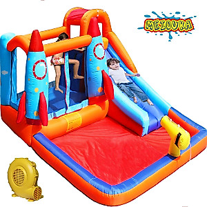 MEIOUKA Kids Inflatable Bounce House with Blower Water Slides Pool Splash Water Gun Jumping Bouncing Rocket Kid Inflatable Water Slide Bounce Houses Castle for Kids Toddlers Outdoor Jump Bouncy Houses