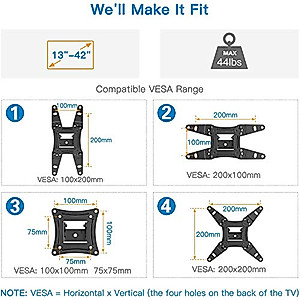 Full Motion TV Monitor Wall Mount Bracket Articulating Arms Swivels Tilts Extension Rotation for Most 13-42 Inch LED LCD Flat Curved Screen TVs & Monitors, Max VESA 200x200mm up to 44lbs by Pipishell
