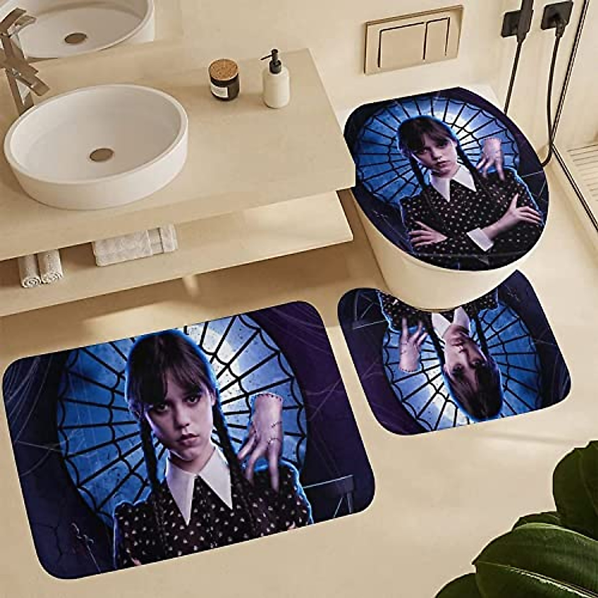 4 Pcs Wednesday Addams Shower Curtain Sets with Non-Slip Rug,Toilet Lid Cover and Absorbent Carpet Bath Mat,Durable Waterproof Shower Curtain with 12 Hooks for Bathroom 70.8" 70.8" (K, One Size)