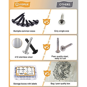 VIGRUE 410 Stainless Steel #8 X 1/2'' to 1-1/2'' Self Tapping Screw Assortment Kit, Modified Truss Head, 400pcs Self Tapping Screws for Metal, Black Oxide and Silver Stainless Steel