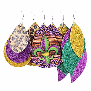3 Pairs Colorful Mardi Gras Leather Dangle Earrings Set Layered Shining Mardi Gras Theme Earrings for Women Jewelry(A)