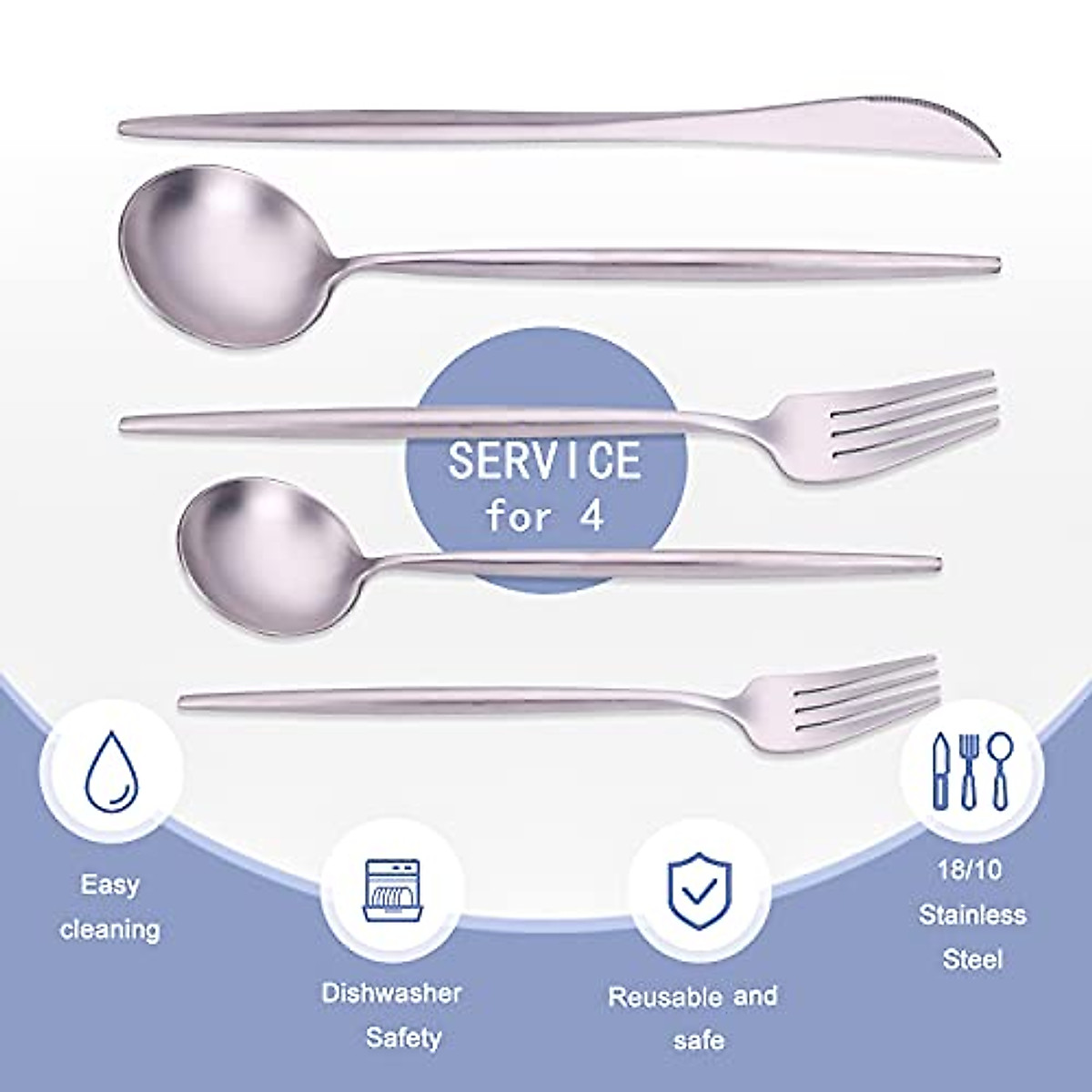 20-Piece Matte Silver Flatware Set for 4, 18/10 Stainless Steel Silverware Kitchen Utensils, Restaurant Tableware Cutlery, Dishwasher Safe