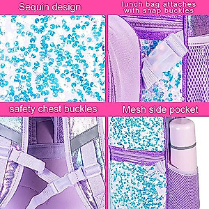 KLFVB 3PCS Unicorn Backpack, 16" Sequin Kids Girls Bookbag and Lunch Box, Preschool Backpacks for Elementary Students