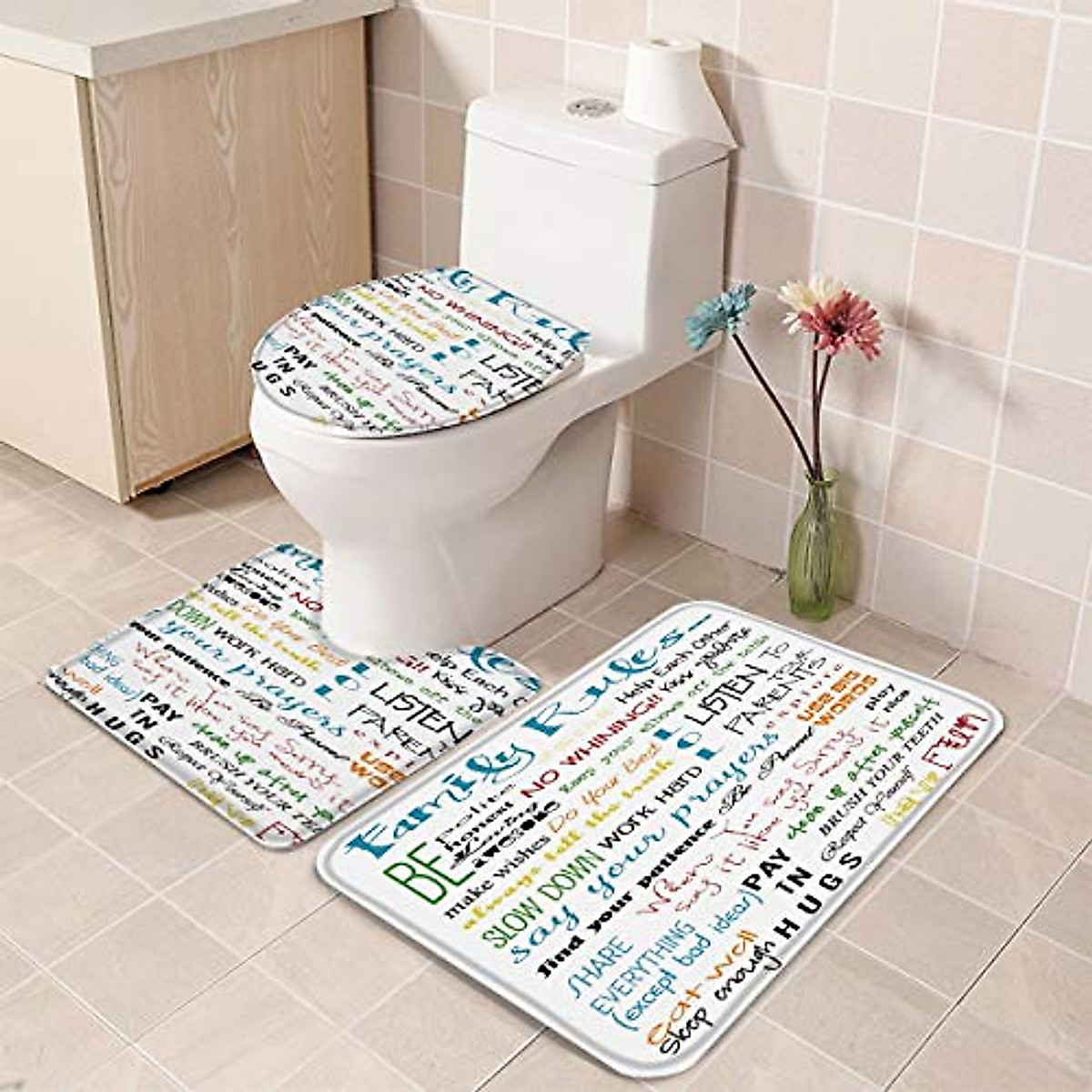 Libaoge Bathroom Mat Sets 3 Piece/Set Rugs Family Rule Cartoon Artistic Print Memory Foam Mat Set Matches Anti-Skid Absorbent Toilet Seat Cover Bath Mat Lid Cover 20"x31"+16"x18"+16"x20"
