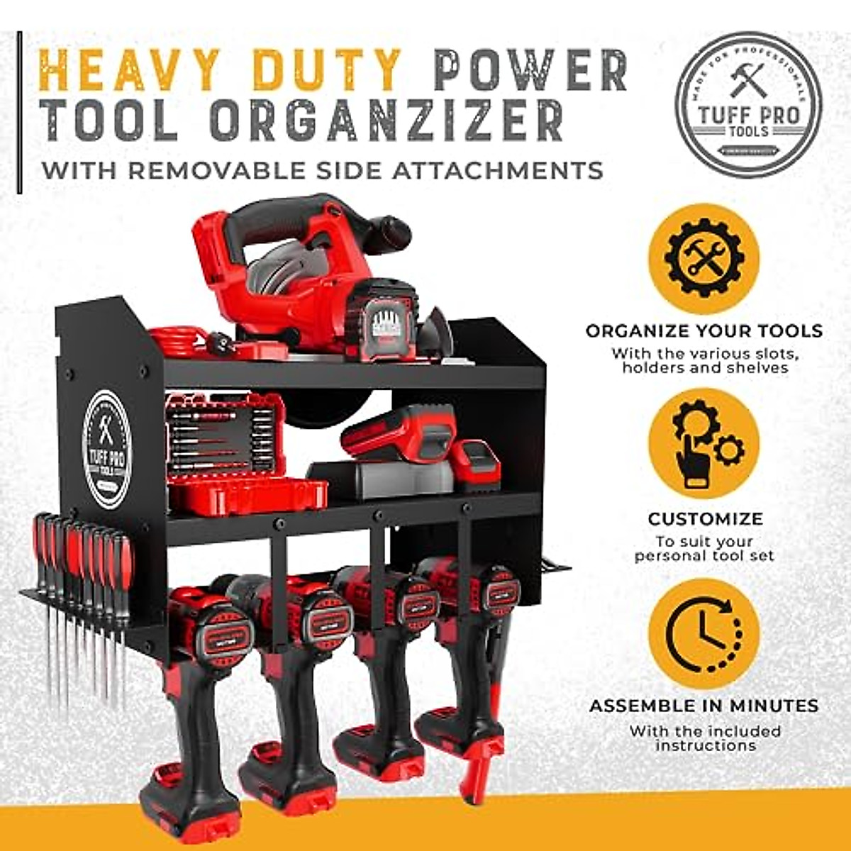 Tuff Pro Tools Garage Power Tool Organizer Wall Mount - Adjustable, Heavy-Duty, and Rust-Resistant Storage Rack for Cordless Tools - Wall Tool Organizer and Storage with Circle Saw Holder Included