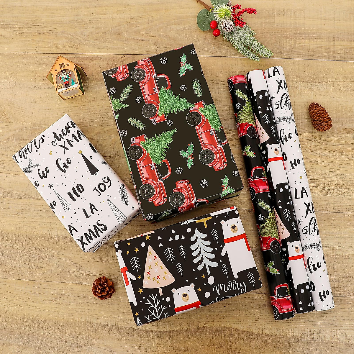 BULKYTREE Christmas Wrapping Paper with Cut Lines for Kids Boys Girls - 3 Mini Rolls Vintage Red Truck, Xmas Greetings Tree, Polar Bear in Black & White - Holiday Gift Wrap Bundle, 17.7 X 120 Inch Per
