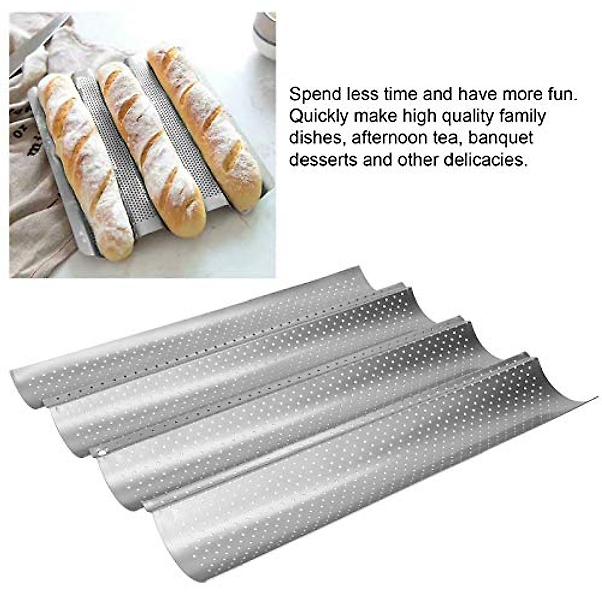 Psytfei Mold Baguette Mold Stainless Steel Silver NonStick MultiGrooves Waves French Bread Pan Baguette Baking Cooking Tray Mold Kitchen Tool(Four grooves)