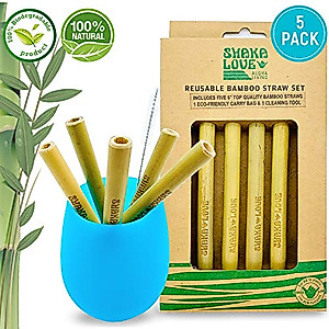 SHAKA LOVE Reusable Bamboo Drinking Straw Set 9 Inch | 100% Natural, Biodegradable, Eco, Organic | Cleaning Brush & Cotton Carry Pouch | Juice, Smoothies, Shakes, Coffee, ALOHA Cocktails | 5 Pack
