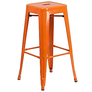 Flash Furniture Commercial Grade 24" Round Orange Metal Indoor-Outdoor Bar Table Set with 2 Square Seat Backless Stools