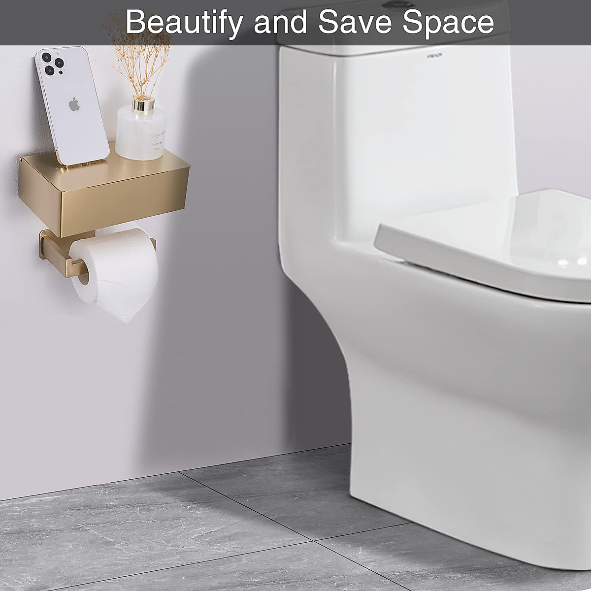 YRONG Adhesive Toilet Paper Holder with Shelf and Storage, Wall Mount Toilet Paper Roll Holder & Flushable Wipes Dispenser Set Fits Any Bathroom, Stainless Steel Tissue Holder-Square, Gold