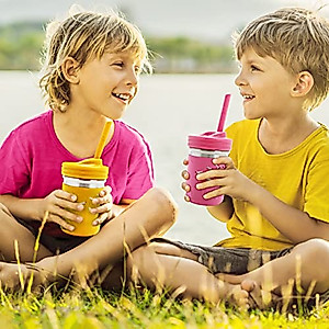 Baby Bear Products Kids Cups - Set of 4, 250ml Stainless Steel Mason Jar with Silicone Sleeves and Straws with Stoppers | Smoothie Cups | Spill Proof Toddler Sippy Cups