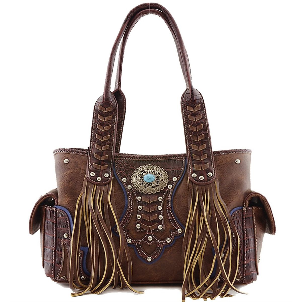 Cowgirl Trendy Western Style Concealed Carry Country Fringe Purse Handbag Shoulder Bag Wallet Set Brown