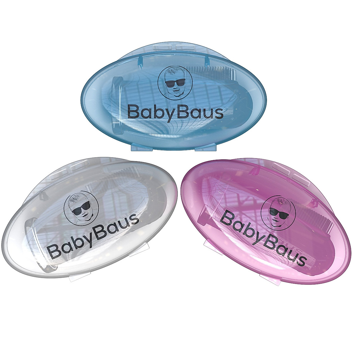 BabyBaus: Baby Finger Toothbrush | Easy Oral Hygiene for Kids, Toddlers, Babies and Pets | Soft, Massaging Bristles, Ergonomic Design – Set of 3, with 3 Cases in Blue, Pink, Clear