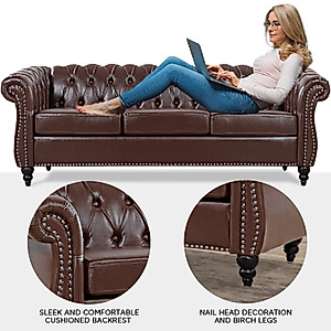 TINGMAMADEHUA Dark Brown Faux Leather 3-Seater Couch, 84in Sofas for Living Room, Bedroom, Office, with Rolled Arm, Deep Seating and Buttoned Classic Chesterfield Sofa