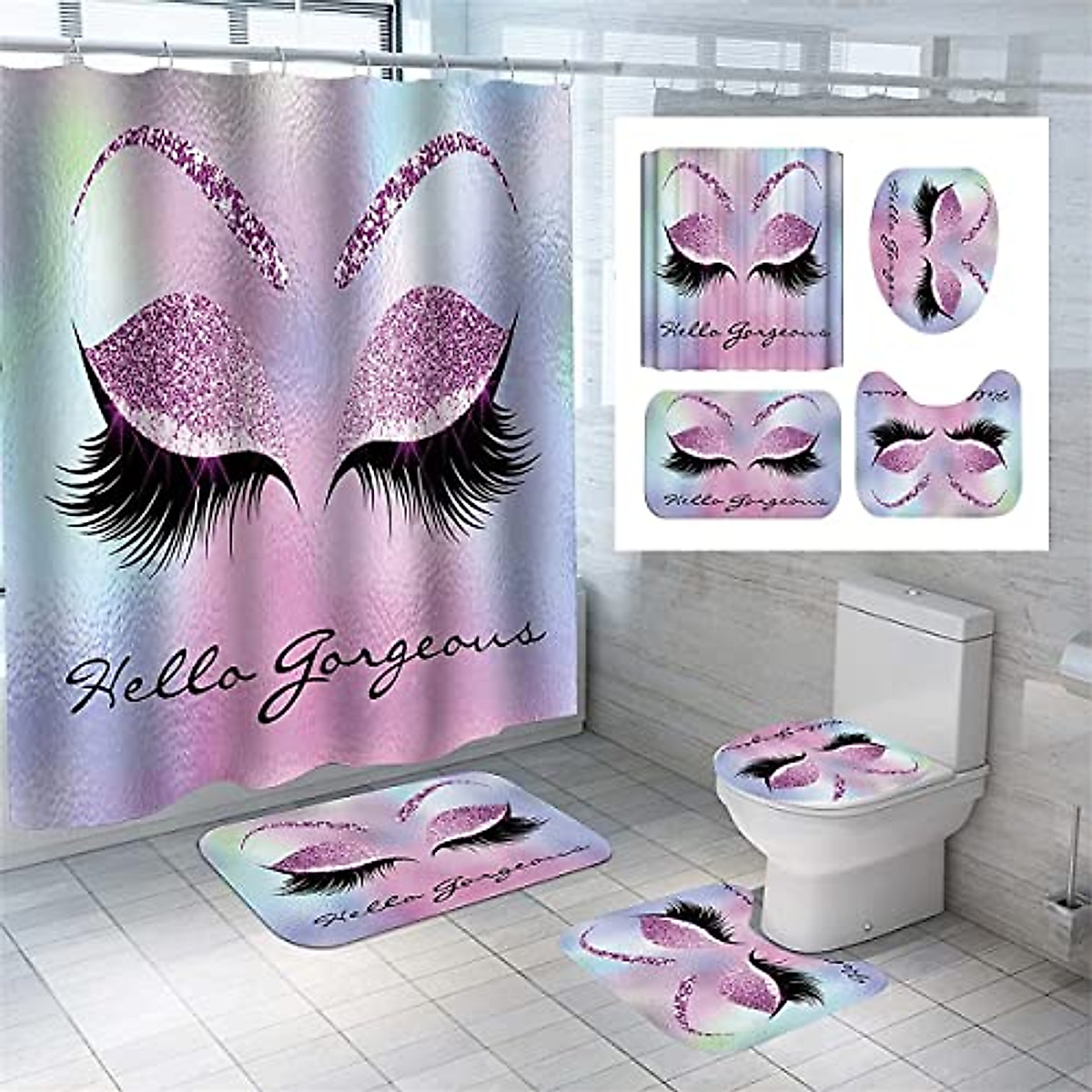 Aoruisen 4PCS Bling Eyelashes Shower Curtains with Rugs Bath Mat Toilet Lid Cover and 12 Hooks Waterproof Glittering Eyes Bathroom Shower Curtain Set(Purple)