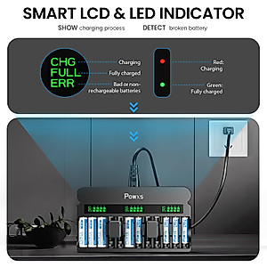 POWXS Rechargeable AA AAA 9V Battery Charger with 1800mA High-Speed, 12 Bay Independent Battery Charger for 1.2V Ni-MH Ni-CD AA AAA 9V Rechargeable Batteries and 9V Lithium ion(Include AC Cable)
