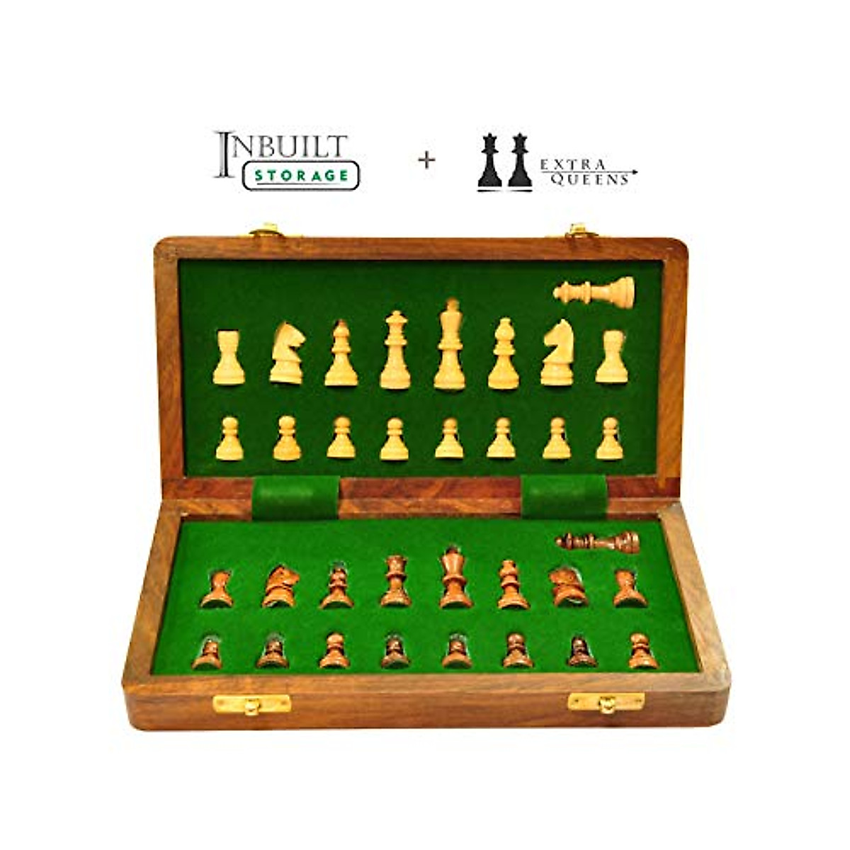 PALM ROYAL HANDICRAFTS Rosewood Magnetic Wooden Chess Set-2 Extra Queens-Folding Board, Handmade Portable Travel Chess Board Game Sets - Chess Set for Kids and Adults(10x10 Inches)