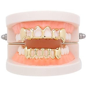 18K Gold Plated Grillz Fangs 6 Open Face Silver Plated Top & Bottom Set