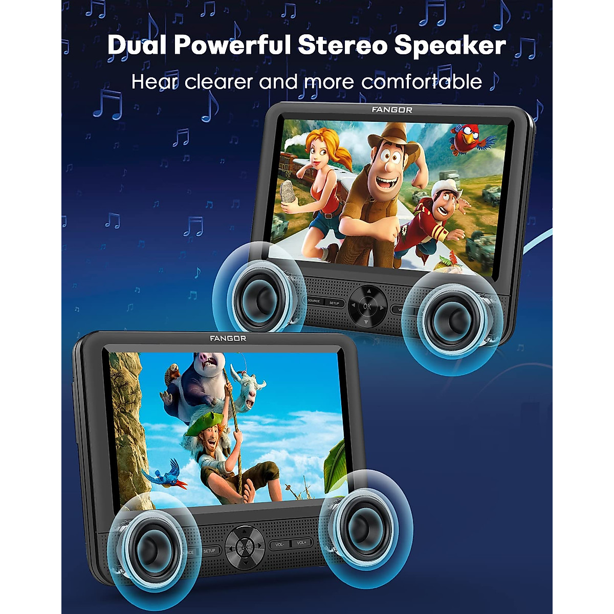 FANGOR 7.5" Dual Portable DVD Player for Car, Car DVD Player Dual Screen Play a Same or Two Different Movies with Headrest Strap, Regions Free, Support Last Memory, AV Out & in, USB/SD Card