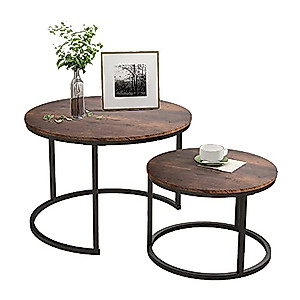 HOJINLINERO Industrial Round Coffee Table Set of 2 End Table for Living Room,Stacking Side Tables, Sturdy and Easy Assembly,Wood Look Accent Furniture with Metal Frame,Black+Rustic Brown