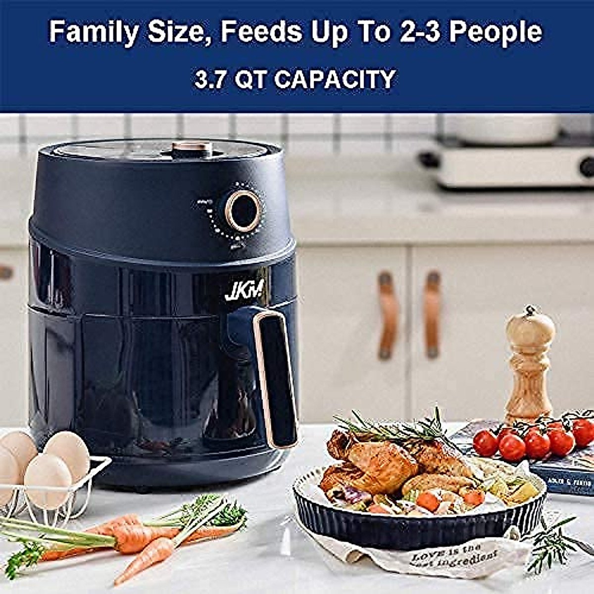 JKM Air Fryer 3.7QT Large Electric Oilless Mechanical Temperature Control, Nonstick Frying Basket, Knob-Blue