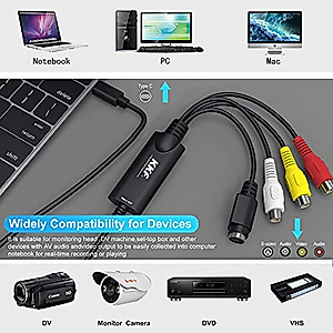 Kkf VHS to USB RCA Converter, Analog to Digital Video, Digital Video for VCR DSLR TV Box DVD Camera PS3 PS4,USB 2.0 Audio Capture Card Transfer Collector (RCA to USB C)
