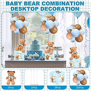 Lenwen 3 Sets Jungle Animal Decoration for Baby Shower, Baby Letter Boxes Baby Shower Table Centerpiece Stuffed Animals Balloon with Stand Animal Plush Baby Boxes for Party(Bear, Blue)