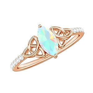Natural Opal Diamond Celtic Knot Ring, AAA Quality, 4X8 MM Marquise Shape Opal Promise Ring - Ready To Gift, 14K Rose Gold, Size:US 7.00
