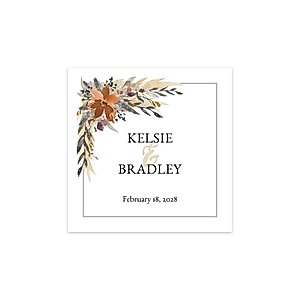 Indie Autumn Floral Personalized Wedding Beverage Napkins / 100 Custom 4 3/4" x 4 3/4" Boho Floral Cocktail 3 Ply Napkins/Bridal Shower Engagement Party Supplies/Made In The USA