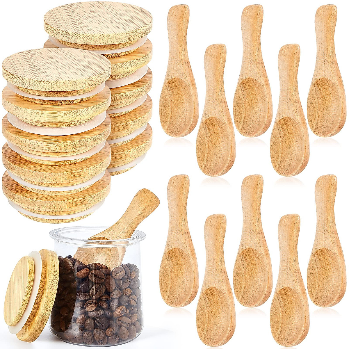 20 Pcs Yogurt Jar Lids with Small Spoons Bamboo Jar Lids Set with Silicone Sealing Rings Wooden Spoons for Jars Wooden Mason Jar Lids Compatible with Oui Yogurt Wood Cookie Glass Storage Lids