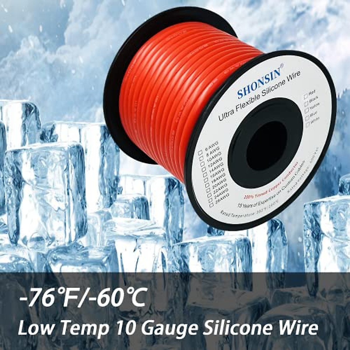 Shonsin 10 Gauge Silicone Wire Spool 50FT Red, Extremely Flexible 10 AWG Automotive Wire, 1050 * 0.08mm Tinned Stranded Copper (5.3mm2) High Temp 392℉/200℃ Rating 46 Amp 600V