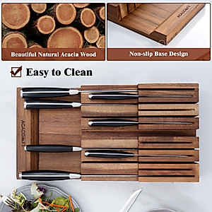 Acacomft In-Drawer Knife Block, Acacia Wood Kitchen Knife Drawer Organizer, Knife Holder without Knives For Up to 12 Knives Steak Knife Chef Knife