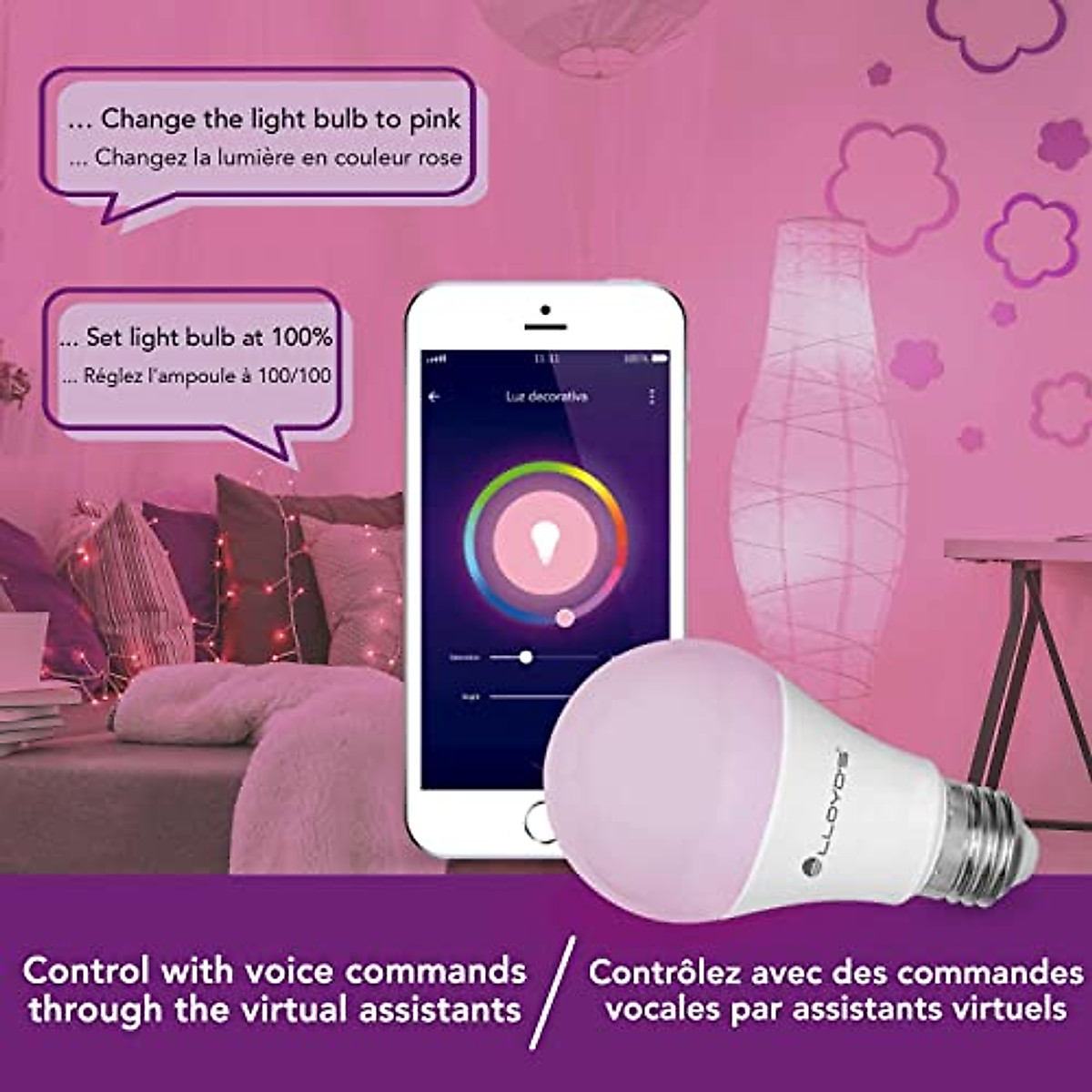 Lloyd's WiFi Smart A19 Bulb, Multicolor + White Light Range (Warm White to Cool White, 2700K-6500K), Works with Alexa and Google Home, 9W, No Hub Required, Dimmable from App, for 2.4 GHz Networks