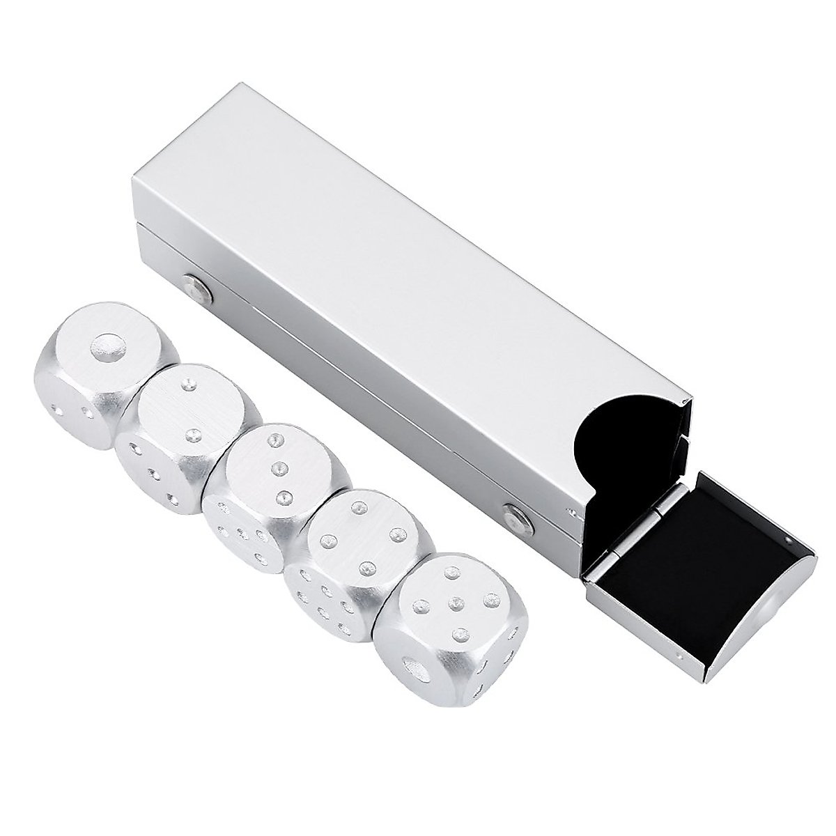 Precision Aluminum Alloy Dice Solid Metal Dice Set Table Game Dice Poker Games Dices Set with Case 5pcs (Silver-Rectangle Box)