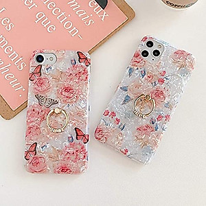 Qokey Compatible with iPhone SE Case 2022/2020,iPhone 8 Case,iPhone 7 Case 4.7 inch Flower Cute Fashion Cover for Women Girl 360 Degree Rotating Ring Kickstand Soft TPU Shockproof Cover Rose Butterfly