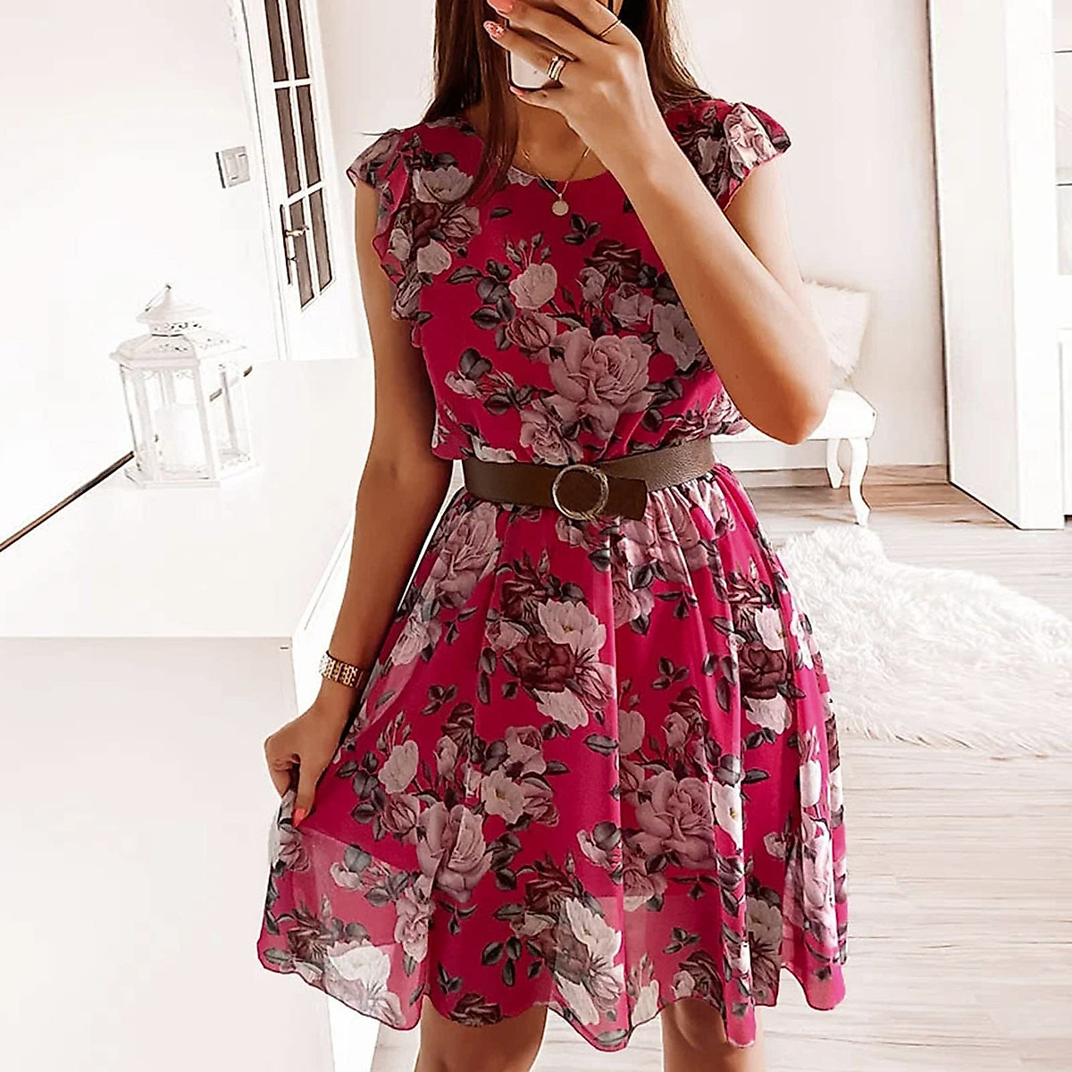 Womens Short Sleeve O Neck Summer Boho Elastic Waist A Line Floral Mini Dress Guest Wedding Dresses for Women Red