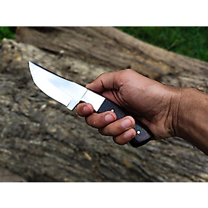 KNIFEIFY Polished Carbon Steel knife fixed blade -Handmade EDC Hunting Full Tang Bushcraft knife with Pakka wood knife Handle & Leather Sheath, camping knife survival Skinner outdoor knife (DARK BROWN)