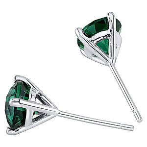 Peora Solid 14K White Gold Created Emerald Solitaire Stud Earrings for Women, Hypoallergenic 1.50 Carats total Round Shape AAA Grade, May Birthstone, Friction Backs