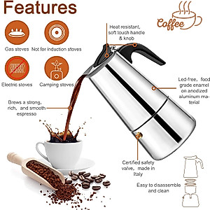 Italian Coffee Maker Moka Pot - Stovetop Espresso Maker Stainless Steel Moka Pot Percolator Coffee Pot, Classic Italian Coffee Maker Expresso Coffee Brewer,Sutiable for Induction Cookers (6 cup pot)