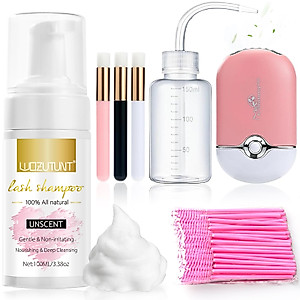 3.38 OZ Eyelash Extension Cleanser Lash Mousse Lash Shampoo for Lash Extensions, USB Mini Fan Rechargeable Electric Handheld Air Conditioning Lash Shampoo Kit Lash Brushes Cleanser Brush Wash Bottle