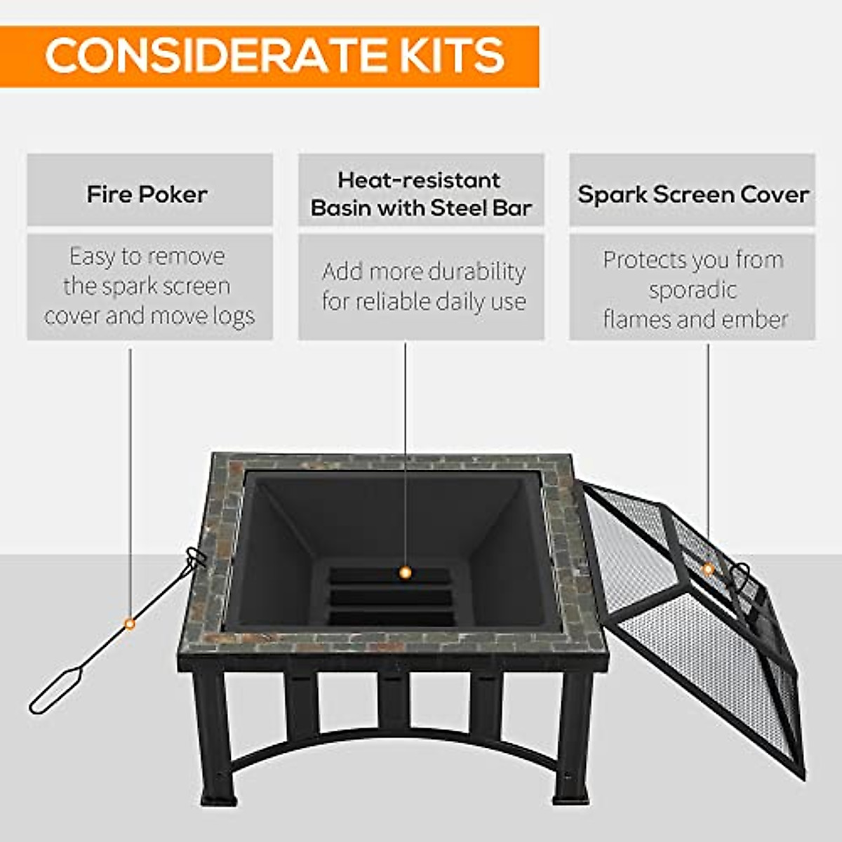 Outsunny 30" Outdoor Fire Pits, Square Steel Wood Burning Fire Pits with Spark Screen, Cooking Grill and Log Poker, Camping Fire Pit for Backyard, Patio