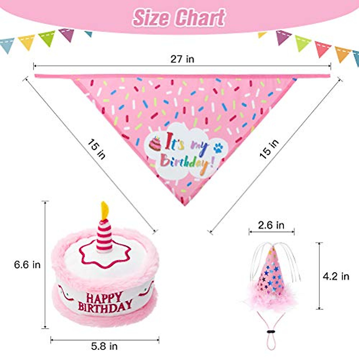 Dog Birthday Bandana Set - Cute Hat and Squeaky Cake Toy for Birthday Party Supplies Gift - Great for Small Medium Large Dogs Pink