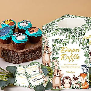 HPMNS 52 PCS Woodland Diaper Raffle Tickets with Box for Baby Shower, Baby Shower Games Invitations Decorations for Boy or Girl with Diaper Raffle Cards Sign for Baby Shower Gender Reveal Party