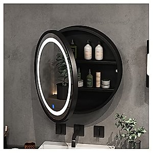 Round Bathroom Mirror Cabinet, Led Medicine Cabinet Wall Mounted, Recessed Mirror Cabinet with Light, with Storage Shelf (Color : Black, Size : 70cm)