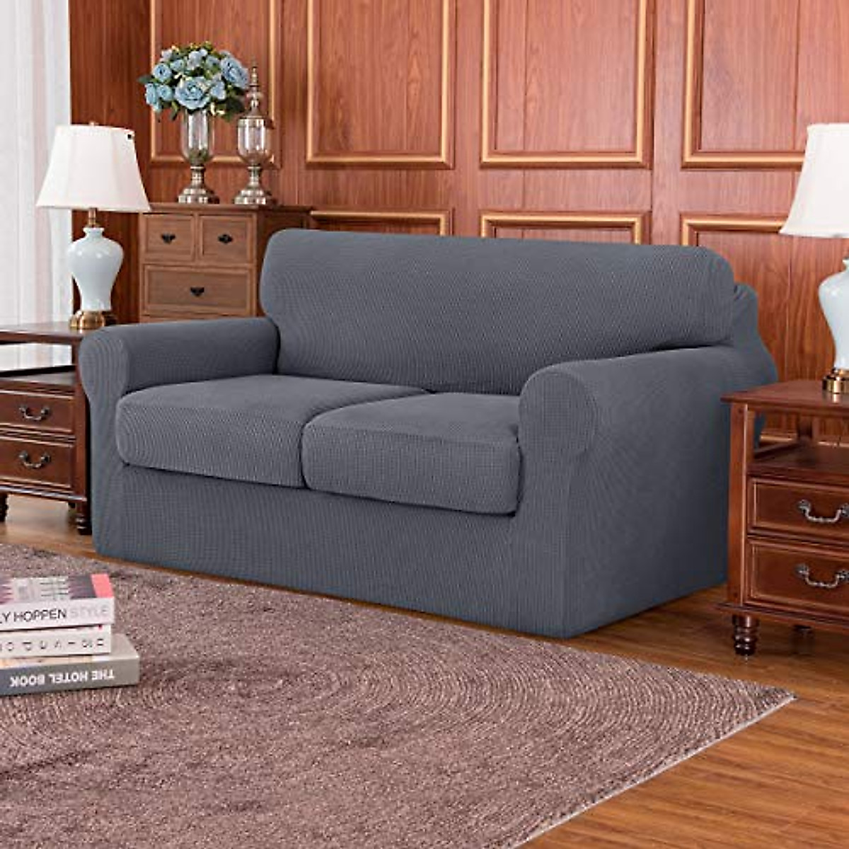 SUBRTEX 3 Piece Sofa Cover High Stretch Couch Slipcover for 2 Cushion Soft Sofa Slipcover Loveseat Cover Jacquard Fabric Furniture Covers with Elastic Bottom Machine Washable(Gray,Loveseat)
