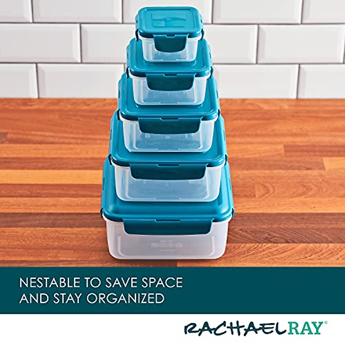 Rachael Ray Leak-Proof Nestable Container Food Storage Bin Set, 10-Piece Square, Teal Lid