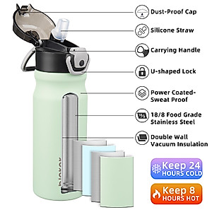 BJPKPK Stainless Steel Insulated Water Bottle With Straw Lid 18oz Reusable Metal Thermos Bottles Keep Cold And Hot,Sage